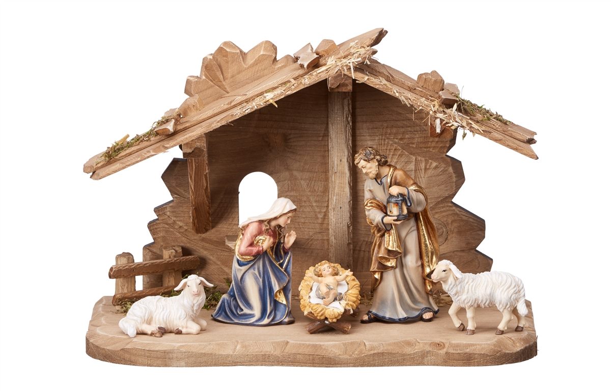7 Piece Wood Carved Nativity with Tyrol Stable - Kostner by Pema