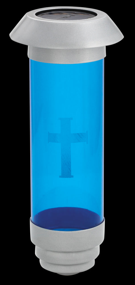 Solar Powered Cemetery Light | Blue with Etched Cross